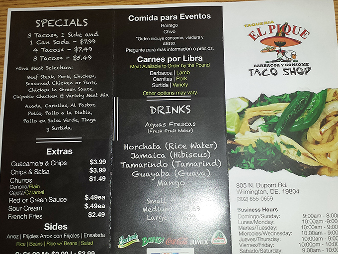 This menu isn't just a list—it's a roadmap to happiness. The aguas frescas section alone is worth the trip across state lines.