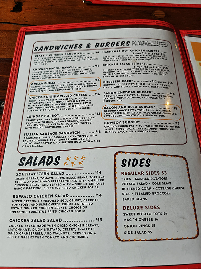 This menu isn't just a list—it's a roadmap to happiness. The chicken may be the headliner, but those supporting acts deserve standing ovations too.