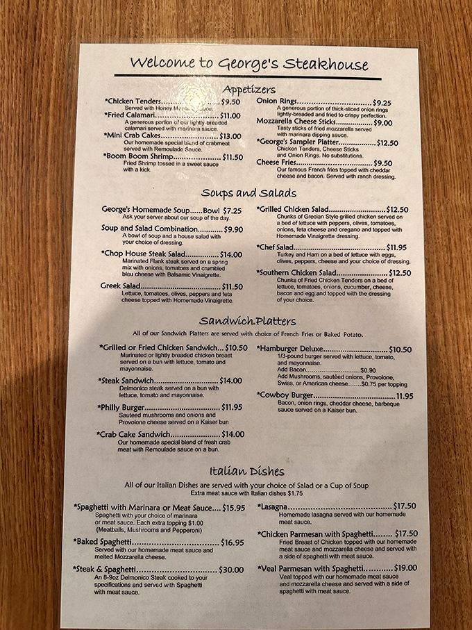 This menu isn't just a list of options—it's a roadmap to happiness. The "George's Sampler Platter" isn't a suggestion, it's practically a civic duty.