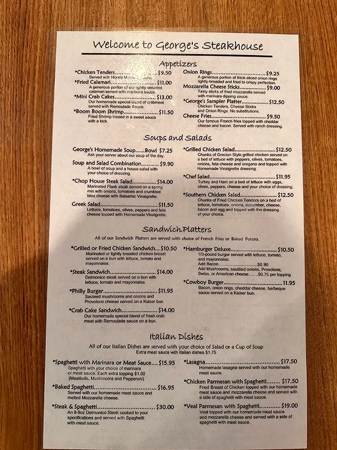 This menu isn't just a list of options—it's a roadmap to happiness. The "George's Sampler Platter" isn't a suggestion, it's practically a civic duty.