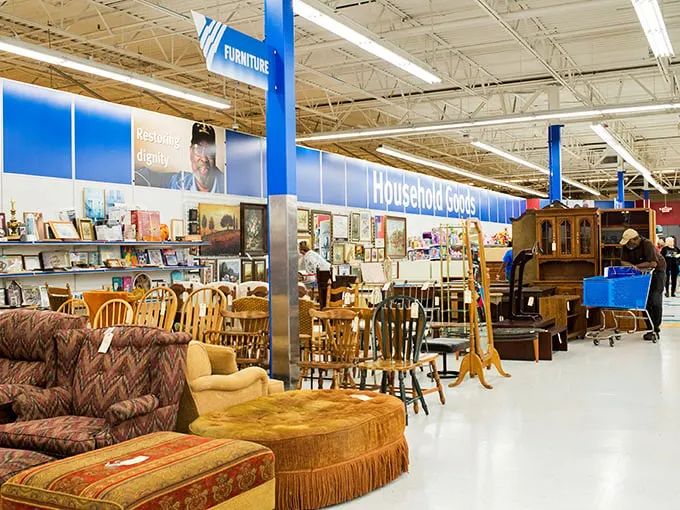 The furniture section resembles a time-traveling living room display, where mid-century modern meets Victorian charm at fraction-of-retail prices.