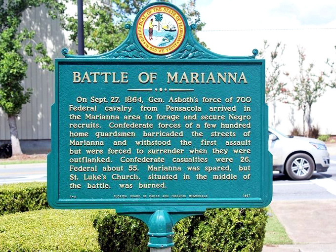 History buffs rejoice! This marker chronicles the 1864 Battle of Marianna, proving Florida had more Civil War action than your high school textbook let on.