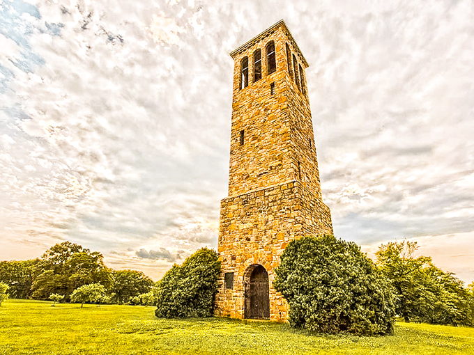 The Luray Singing Tower stands sentinel over the valley, its golden stone glowing like a beacon from another era.