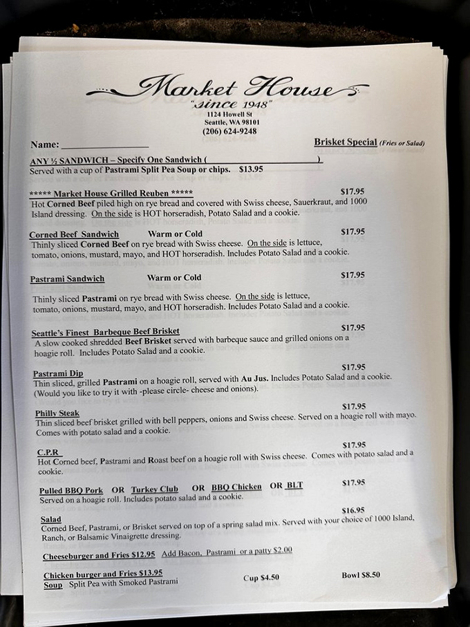 When a menu leads with "HOT horseradish" in all caps, you know they're not messing around with flavor. Order the starred Grilled Reuben.