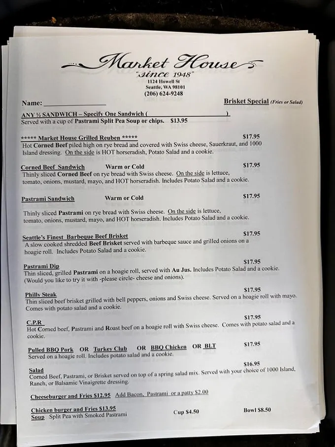 When a menu leads with "HOT horseradish" in all caps, you know they're not messing around with flavor. Order the starred Grilled Reuben.