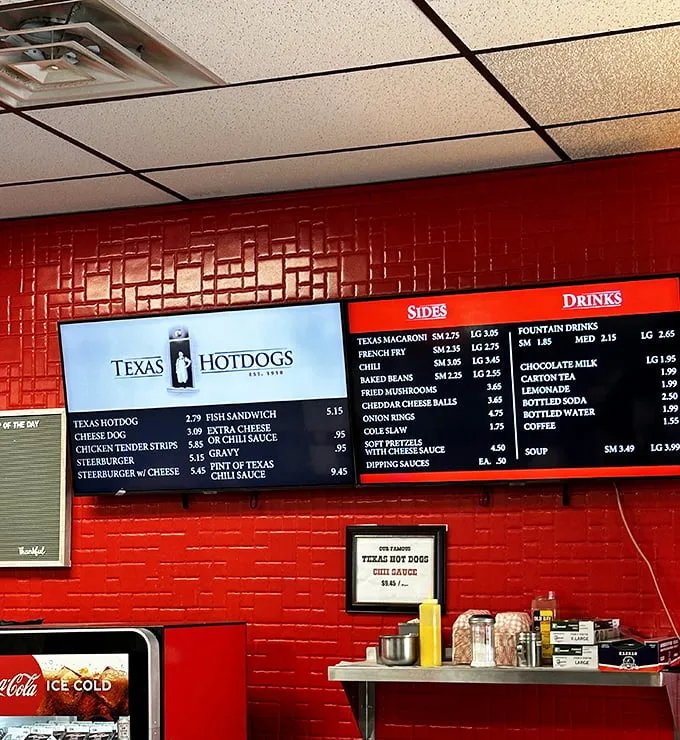 The menu board tells you everything you need to know—this place isn't trying to reinvent the wheel, just perfect it one hot dog at a time.