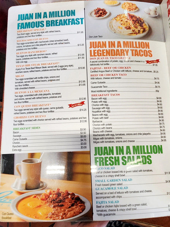 The menu reads like a love letter to Tex-Mex breakfast. Each description promises a plate that could easily feed a small village or one very determined Texan.