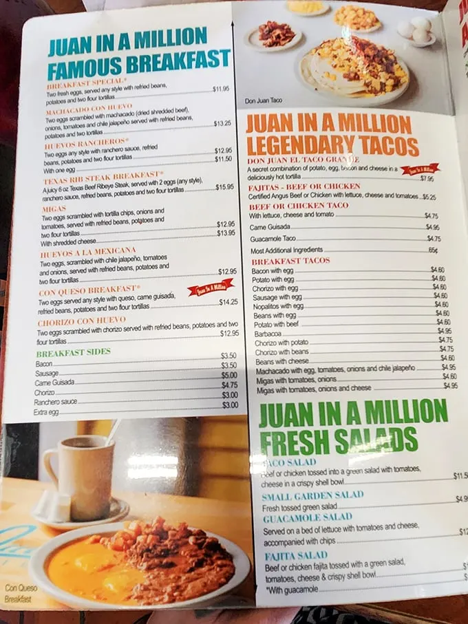 The menu reads like a love letter to Tex-Mex breakfast. Each description promises a plate that could easily feed a small village or one very determined Texan.