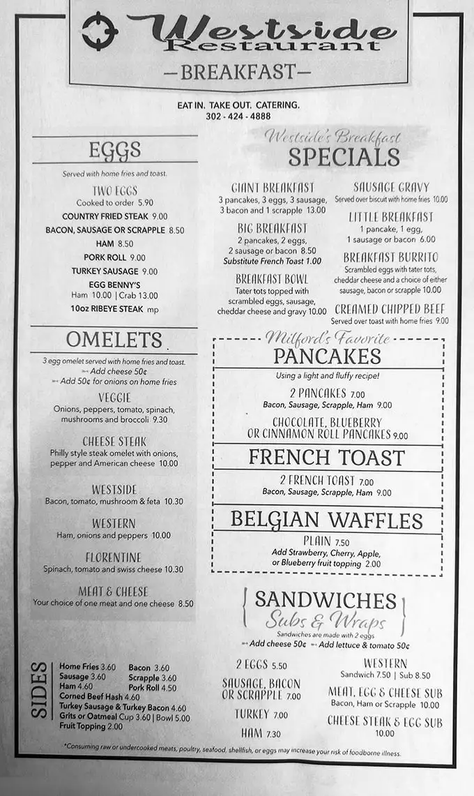 This menu reads like a love letter to breakfast classics. Notice "Milford's Favorite PANCAKES" isn't just marketing—it's documented fact.