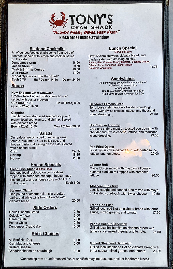 This menu isn't just a list of food—it's a treasure map to seafood paradise. The hardest part? Choosing just one thing.