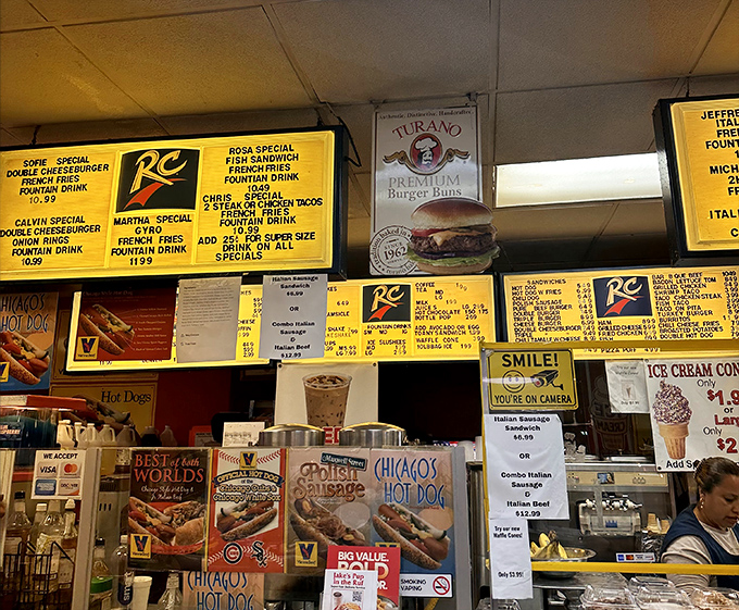 Menu boards that could double as the Rosetta Stone of Chicago street food, deciphering the language of local cravings.