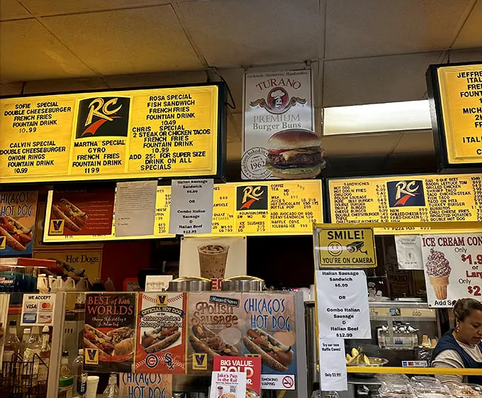 Menu boards that could double as the Rosetta Stone of Chicago street food, deciphering the language of local cravings.