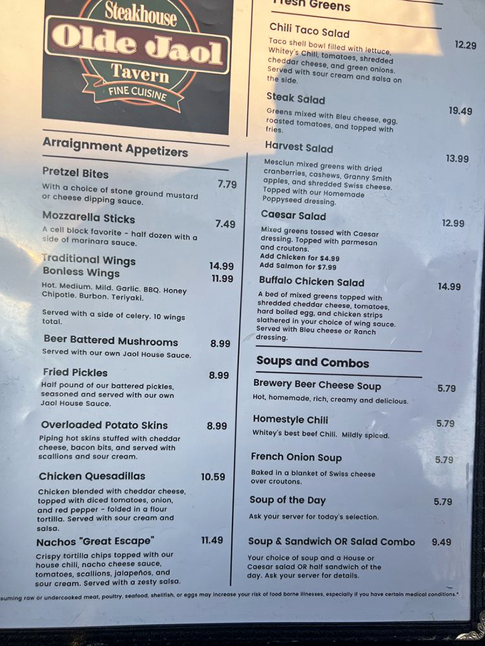 "Arraignment Appetizers" and "Fresh Greens" – when the menu has a sense of humor, you know you're in for a good time.