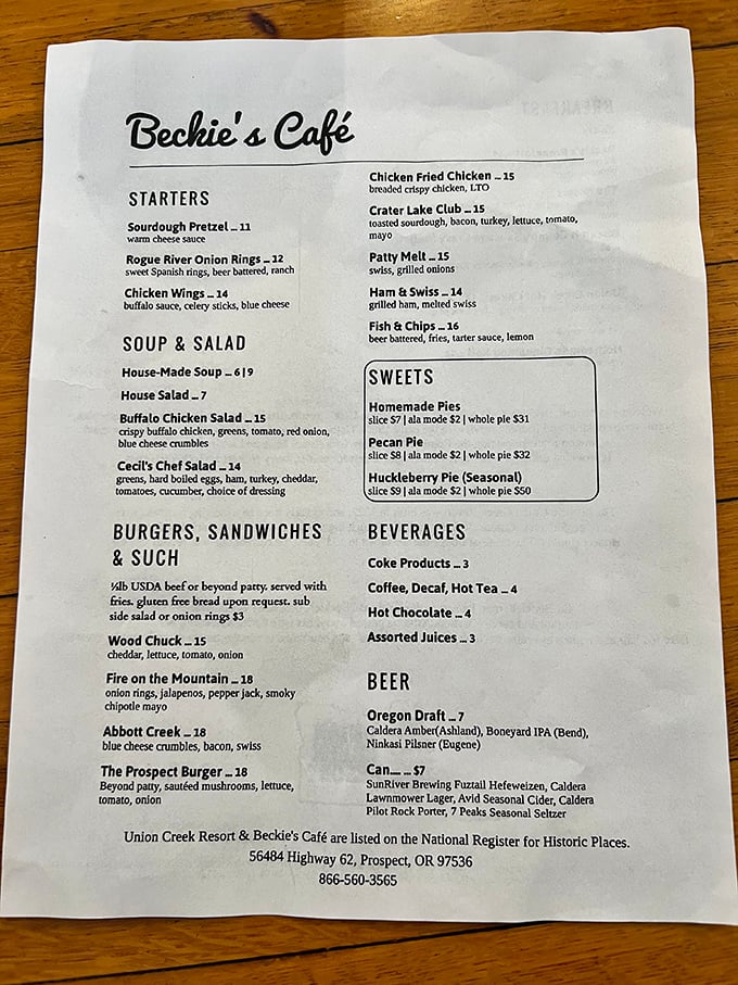 This menu isn't just a list of food—it's a roadmap to happiness with landmarks like "Fire on the Mountain" and "Huckleberry Pie." 