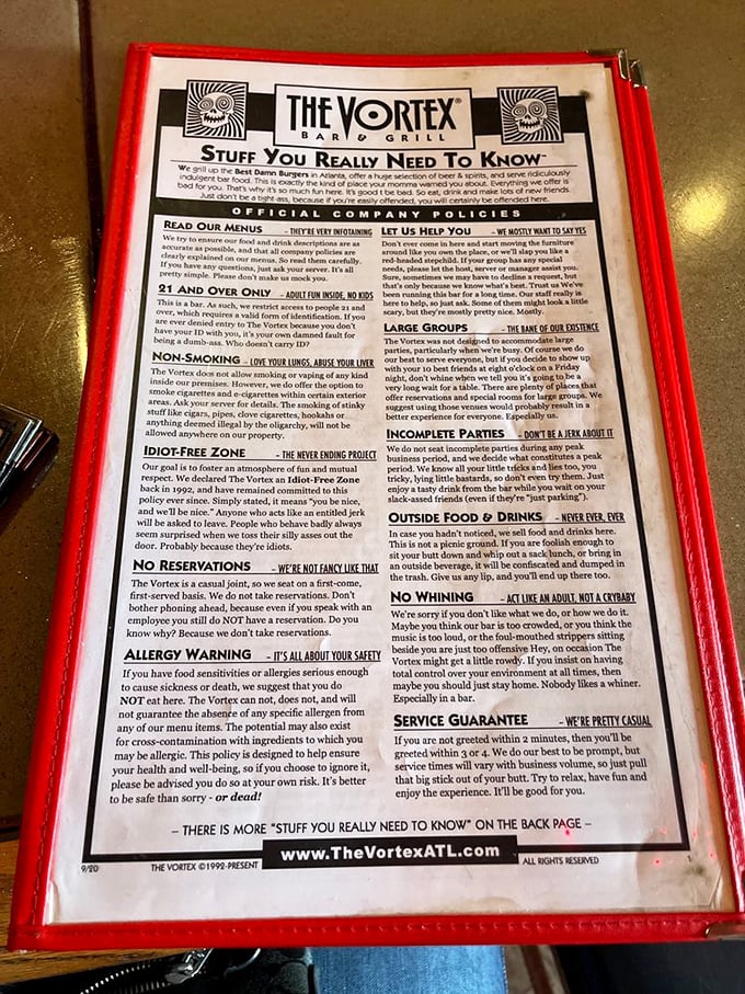 The menu doubles as a manifesto—part warning label, part comedy routine. Read it before ordering or risk becoming the punchline.