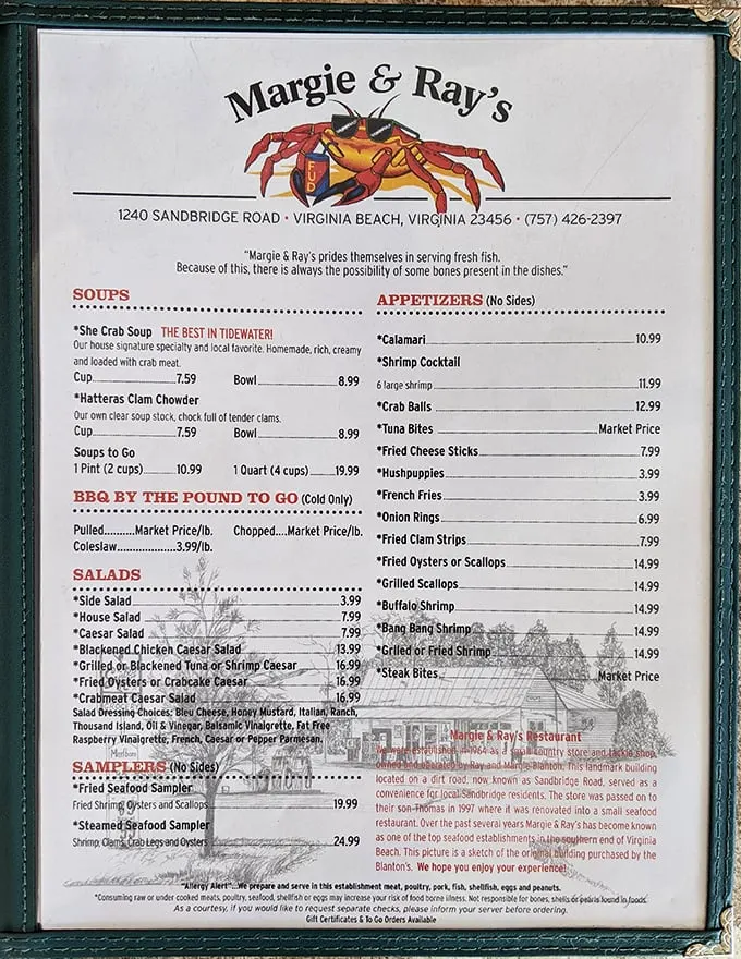A menu that gets straight to the point: fresh seafood without pretense. Notice that warning about bones? That's honesty you can taste.