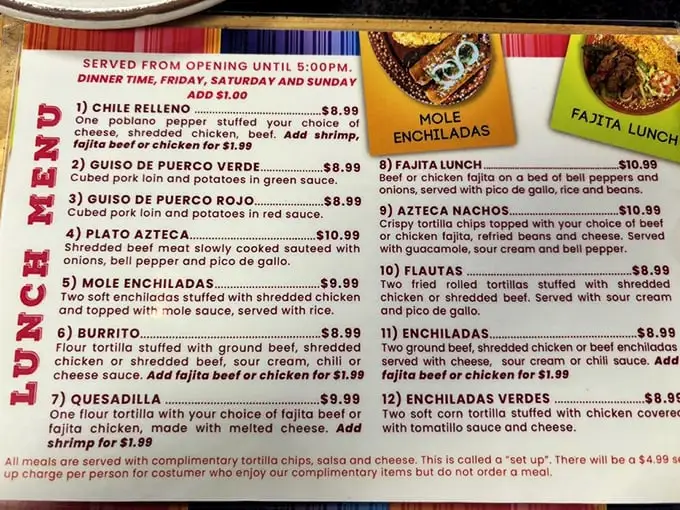 This lunch menu reads like a love letter to authentic Mexican cuisine, with mole enchiladas stealing the spotlight at just $9.99.