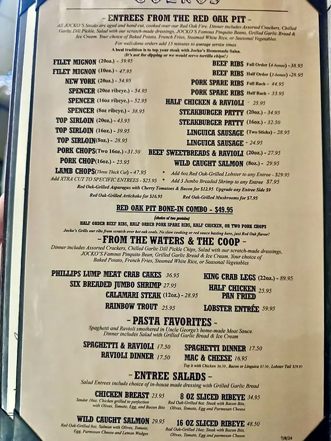 This menu isn't just a list of options—it's a historical document chronicling decades of carnivorous happiness in the Central Coast.