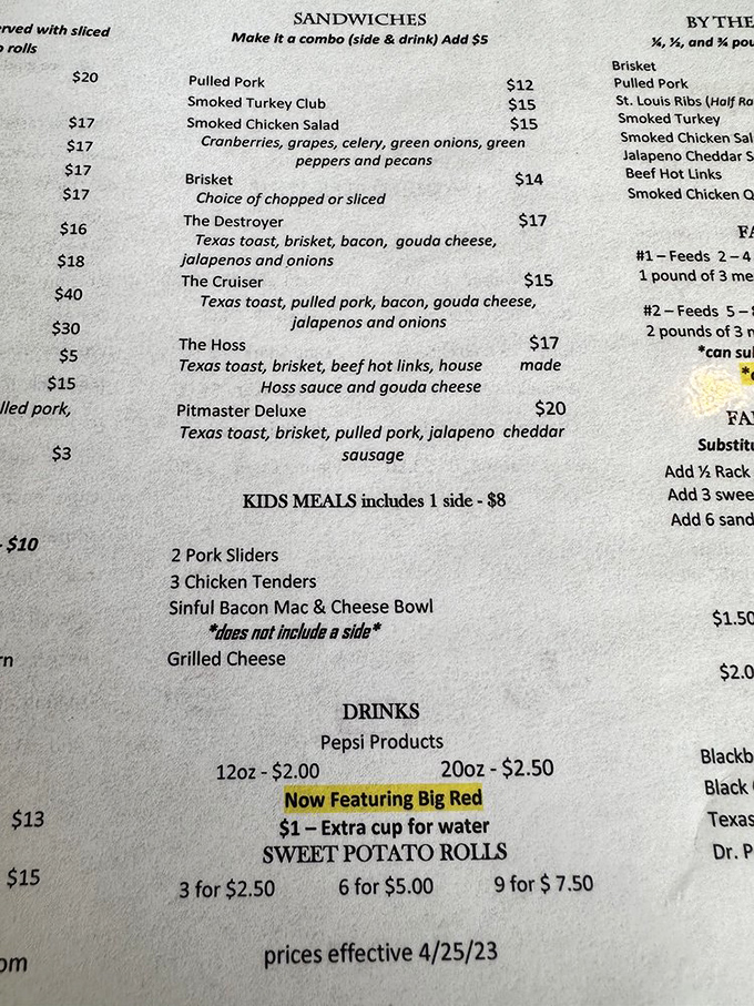 A menu that speaks the universal language of smoked meat perfection. The Destroyer and The Hoss aren't just sandwiches—they're dares disguised as lunch options.