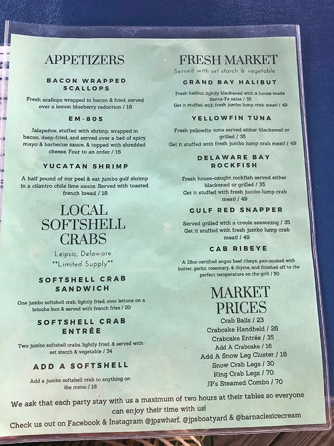 This menu isn't just a list of options—it's a love letter to Delaware's waters, where softshell crabs and CAB ribeye share top billing.