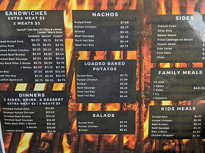 A menu that cuts straight to the chase—meat, sides, and combinations thereof. Like reading a love letter written in smoke and fire.