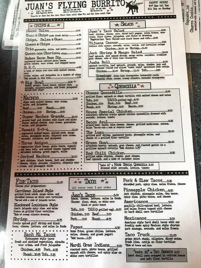 A menu that reads like a love letter to flavor fusion. Each item promises a culinary adventure where New Orleans and Mexico collide deliciously.