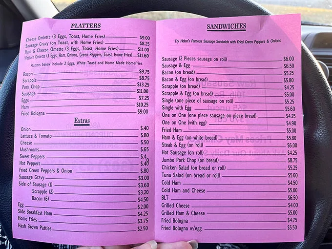 This pink menu is the roadmap to breakfast nirvana. Study it carefully—life-changing decisions are about to be made.