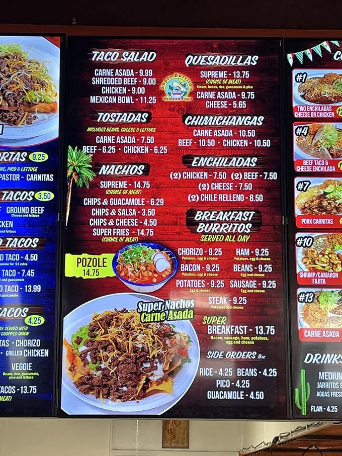The menu board at Super Burritos doesn't just list food—it's a roadmap to happiness with destinations like "Carne Asada" and "Super Nachos."