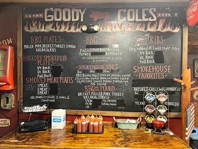 The chalkboard menu tells you everything you need to know—this isn't a place for fancy fonts or pretentious descriptions, just meat mastery in its purest form.