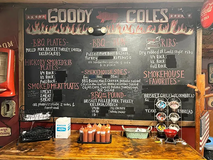 The chalkboard menu tells you everything you need to know—this isn't a place for fancy fonts or pretentious descriptions, just meat mastery in its purest form.