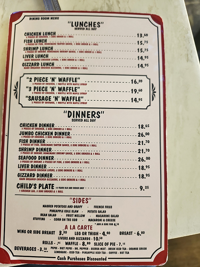 This menu isn't trying to impress with fancy descriptions—it's a straightforward promise of comfort food excellence that's been keeping the same delicious promises for decades.
