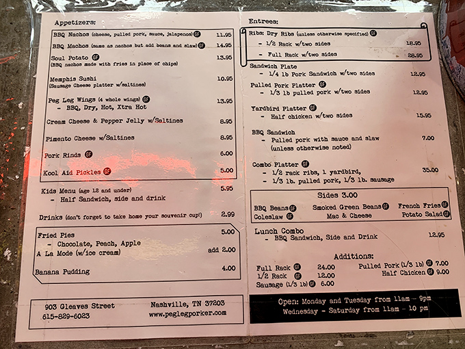 A menu that doesn't need fancy fonts or flowery descriptions—just straight talk about serious barbecue business.