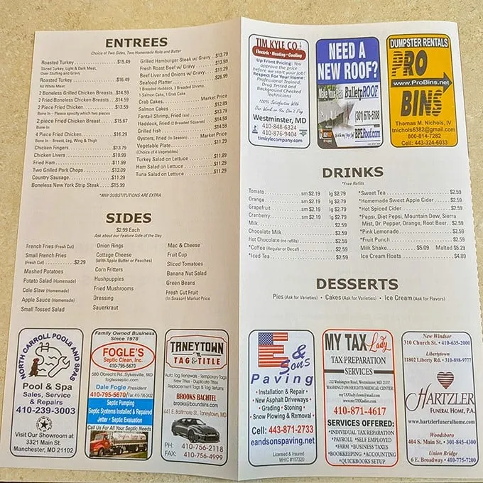 This menu isn't just a list of food—it's a roadmap to happiness. Notice how "DESSERTS" gets its own special section? They know what matters.