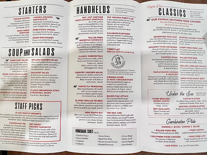 This isn't just a menu—it's a roadmap to happiness. Each section promises Southern comfort that generations of Virginians have treasured.