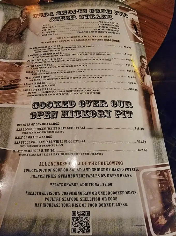 This isn't just a menu—it's a declaration of carnivorous intent. When they boldly proclaim "COOKED OVER OUR OPEN HICKORY PIT," they're not just describing a method; they're making a promise.