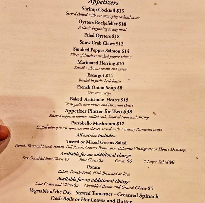 This menu isn't just a list of food—it's a declaration that some traditions, like Oysters Rockefeller and tableside service, deserve preservation.