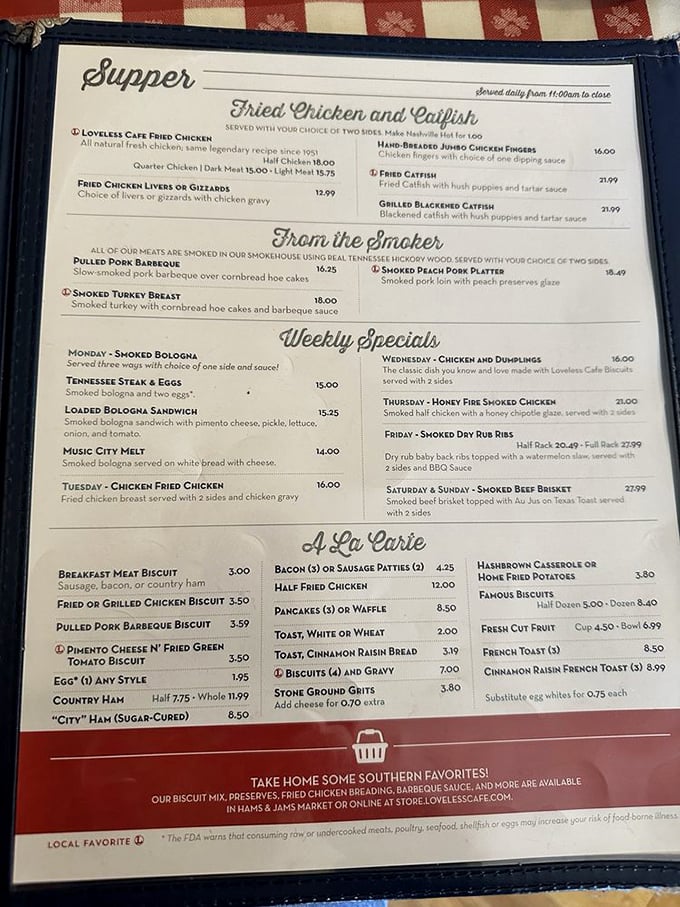 This menu isn't just a list of food—it's a roadmap to happiness. The "Weekly Specials" section reads like poetry to hungry travelers.