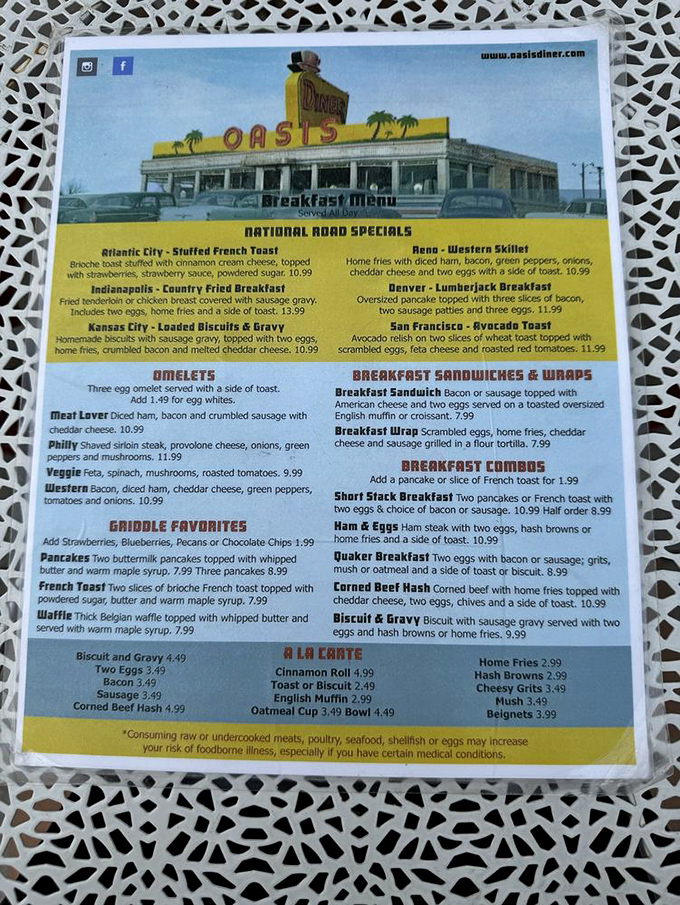 This menu reads like a roadmap to happiness. The "National Road Specials" aren't just breakfast—they're edible geography lessons served with a side of nostalgia.