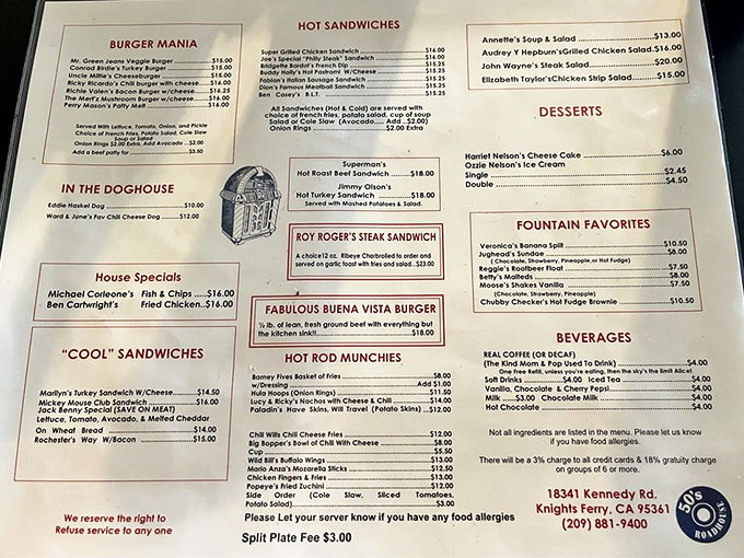 This isn't just a menu—it's a passport to simpler times. From "Burger Mania" to "Hot Rod Munchies," every dish comes with a side of nostalgia.