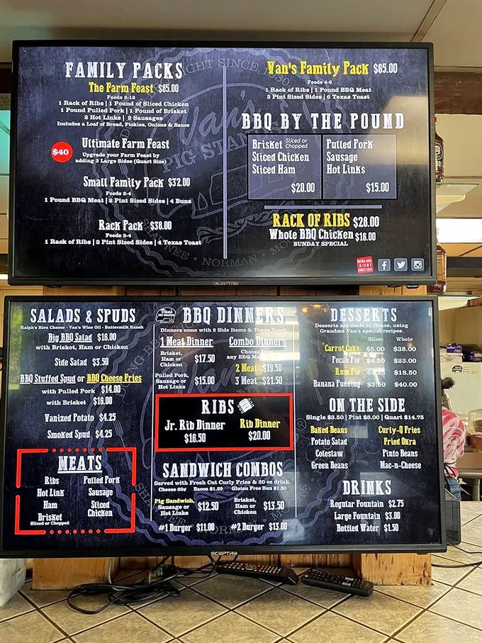 The menu board at Van's doesn't mince words—just meat. Family packs to sandwiches, they've mastered the art of smoky temptation.