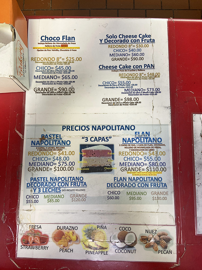 The menu board is like a roadmap to dessert paradise, with options ranging from choco flan to tres leches that'll make your sweet tooth stand at attention.