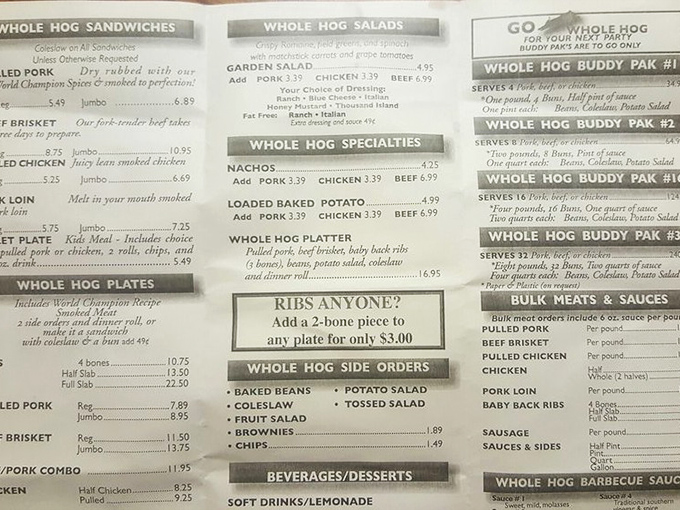 The menu board reads like a love letter to smoked meat enthusiasts, with six sauce options and the tempting offer: "RIBS ANYONE?"