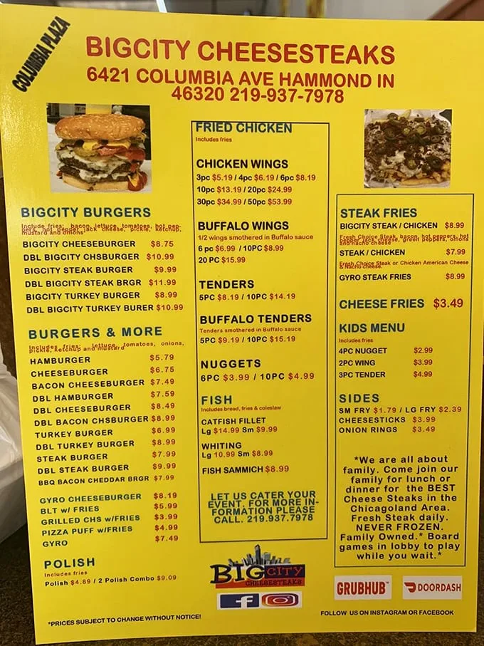 This menu is like a roadmap to happiness. Notice that proud declaration: "Fresh Steak NEVER FROZEN"—words that should be music to any cheesesteak aficionado's ears.
