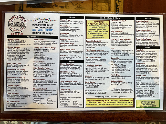 This menu isn't just food—it's a historical document of American bar cuisine, where calories fear to tread and diet plans go to die.