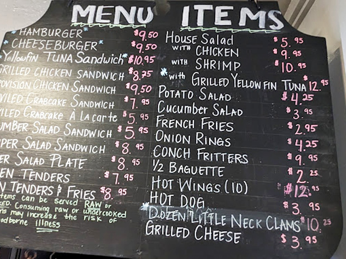 Simplicity at its finest – a chalkboard menu that skips the flowery descriptions and gets straight to the seafood treasures.