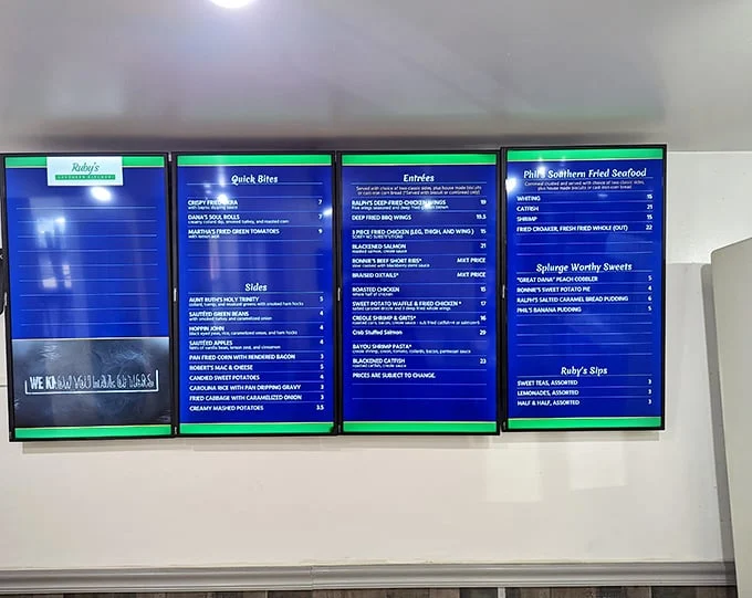 Life's big decisions happen at this menu board, where Southern classics tempt you into ordering "just one more side" than you initially planned.