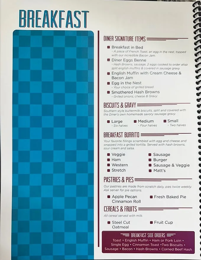 The menu reads like a love letter to breakfast classics, with the legendary "Stretch" standing out as Broadway Diner's claim to culinary fame.