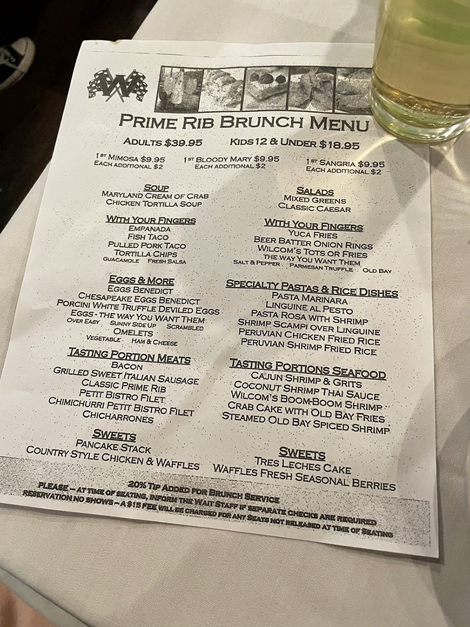 This menu reads like a love letter to Maryland cuisine—where prime rib meets crab soup in a dance of regional deliciousness.