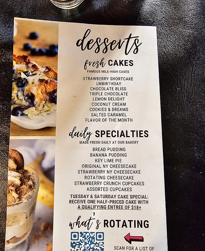 This dessert menu reads like a bucket list for sweet tooths. The "mile-high cakes" aren't just clever marketing—they're towering monuments to indulgence.