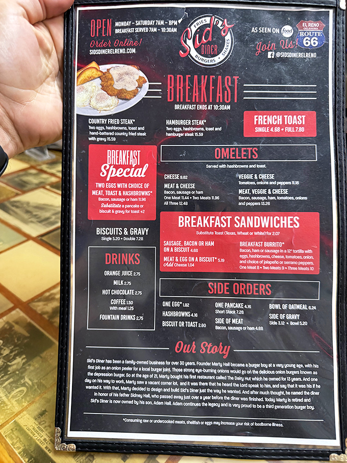 Breakfast or burger? At Sid's, the menu tempts with morning classics and their famous onion burgers—decisions that deliciously define your day.